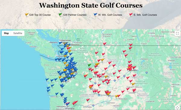 Washington State Golf Courses Map and map of Washington golf courses
